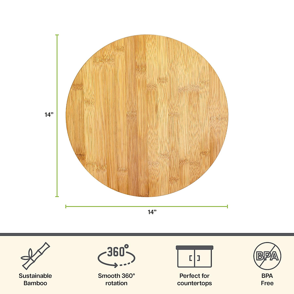 TB Home 14” Bamboo Lazy Susan Organizer for Kitchen, Turntable for Cabinet, Table or Pantry