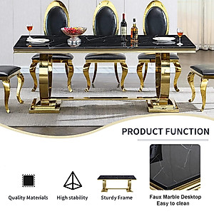 70" Marble Dining Table for 6-8, Luxury Gold Kitchen Table, Mid-Century Modern Black Fuax Marble Dining Room Table with Stainless Steel Pedestal, Large Dining Table for Kitchen Dining Office