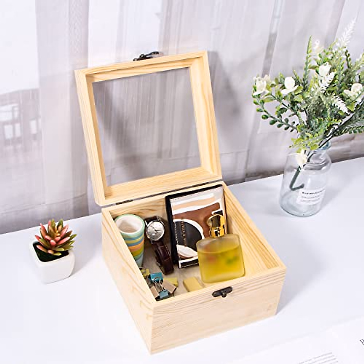 Useekoo Unfinished Wooden Display Box with Glass Top Hinged Lid, 7.9'' x 7.9'' x 4.7'' Small Wood Keepsake Storage Box, DIY Craft Box for Collectibles Jewelry Gift and Home Decorations