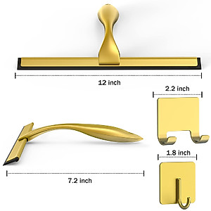 All-Purpose Stainless Steel Shower Squeegee for Shower Doors with 2 Adhesive Hooks, Bathroom Cleaner Tool Household Window Mirror Squeegee for Home Cleaning, Glass Door, Tile Wall, Car, 12 Inch Golden