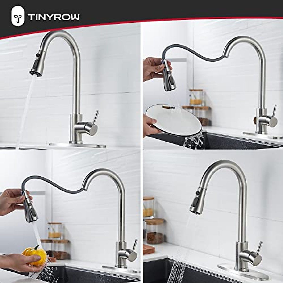 TINYROW Kitchen Faucet with Pull Down Sprayer Kitchen Sink Faucet Brushed Nickel, Single Handle Stainless Steel Kitchen Sink Faucets