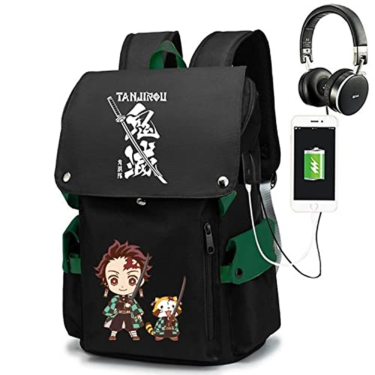 KQNFFN Anime Cosplay Backpack Black Daypack Polyester USB Laptop Backpack for for Anime Fans Boys Girls Kids (Green)