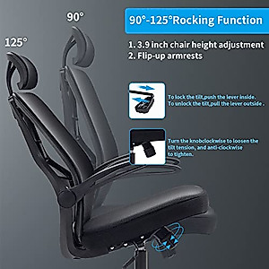 Atbang Home Office Chair Ergonomic Desk Chair High Back Flip-Up Arms Reclining Computer Chair with Adjustable Lumbar Support/headrest Rocking Function Breathable High Elasticity Mesh, Black