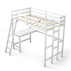 KOMFOTT Twin Loft Bed with Desk, Solid Wood Loft Bed Frame with 2 Ladders, Safety Guardrail for Teenagers and Adults, Space-Saving Loft Bed with Wooden Slats Support, No Box Spring Needed (White)
