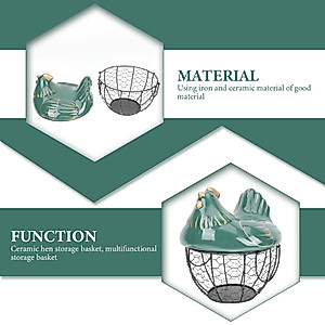Cabilock Chicken Wire Egg Baskets Kitchen Storage Metal Wire Egg Basket with Ceramic Farm Chicken Cover Hen Shaped Eggs Storage Basket Fruits Basket Egg Organizer Case Container Black Green