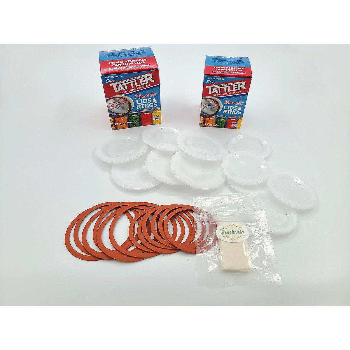 Reusable Canning Lids Bundle Includes 12 Wide and 12 Regular Mouth Tattler Lids and Rings and 24 Dissolvable Sunivale Jar Labels For Use With Hot Water Bath and Pressure Canning Methods Made in USA