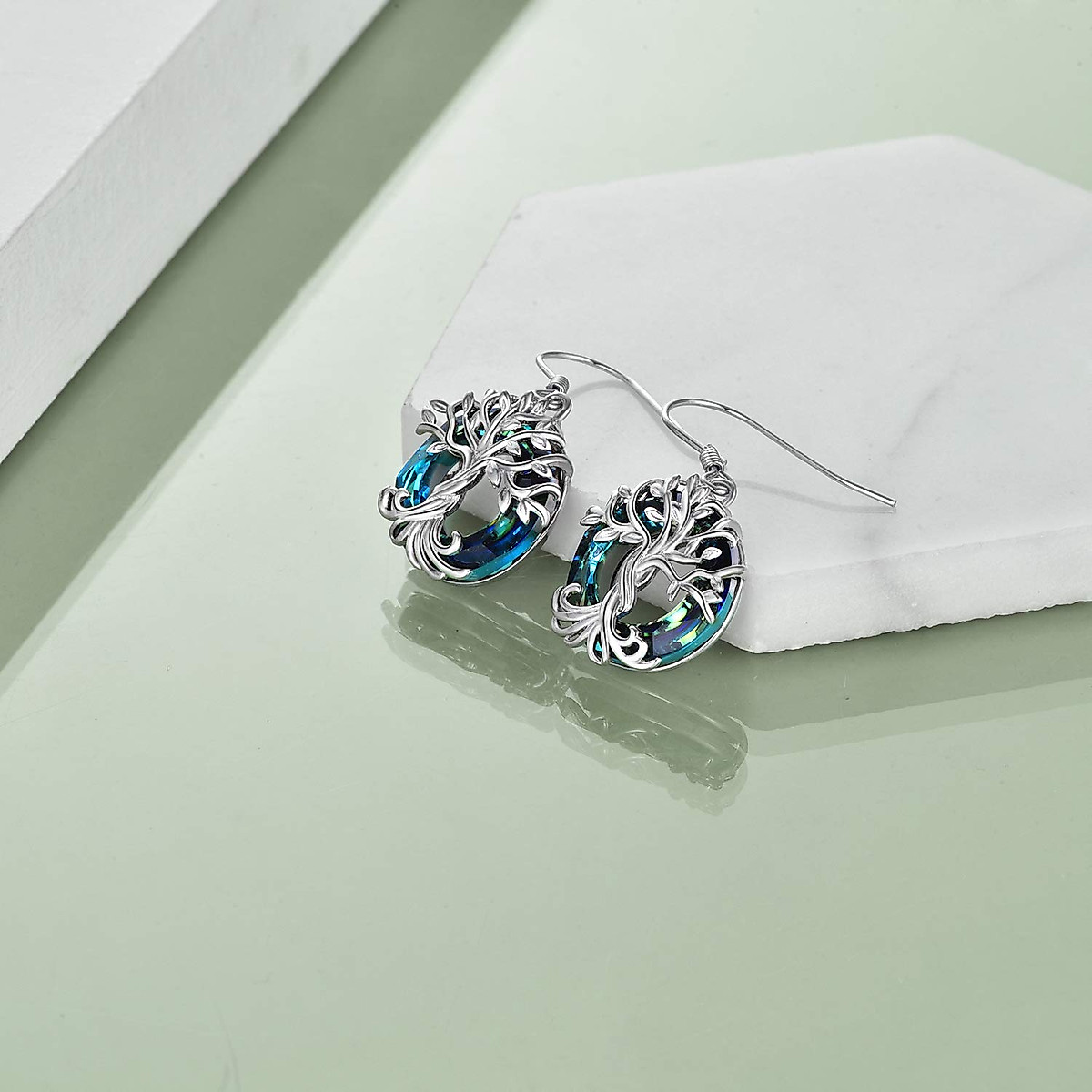 TOUPOP Earrings for Women Sterling Silver Tree of Life Dangel Drop Hooks Earrings with Blue Circle Crystal Christmas Birthday Valentiens Mothers Day Jewelry Gifts for Women Mom Her