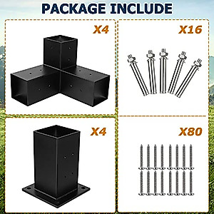 Soobool 4x4 DIY Pergola Bracket Kit with Black Powder Coated, Aluminium Alloy, 4 Arm Pergola 3-Way Corner Extension Brackets and 4 Solos Pergola Post Base for 4x4 Wood Post(Actual: 3.5"x3.5")