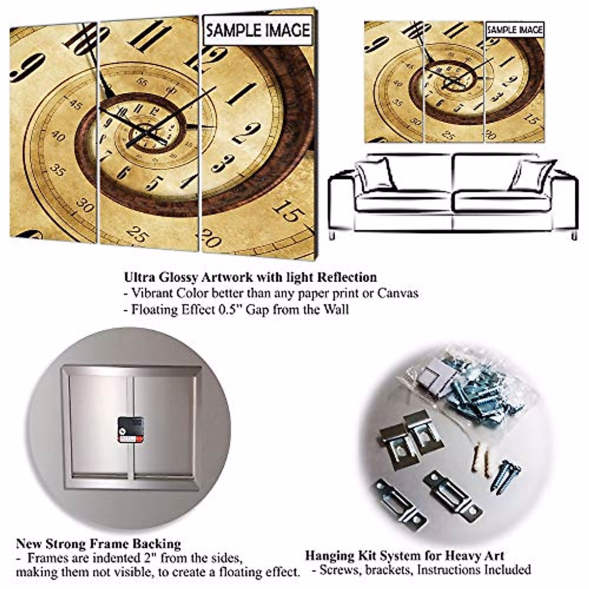 Retro Geometrical Abstract Minimal Pattern VII' Oversized Mid-Century Wall Clock - 3 Panels Black Mid-Century Modern Contemporary Aluminum Steel Finish Battery Included