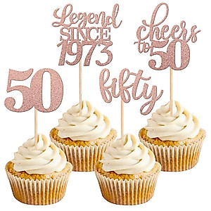 24 PCS Legend Since 1973 Cupcake Toppers Glitter Fifty Cheers to 50 Happy 50th Birthday Cupcake Picks for 50th Birthday Wedding Anniversary Party Cake Decorations Supplies Rose Gold
