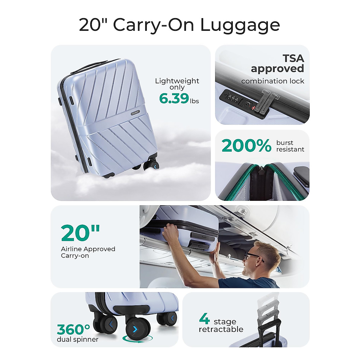 BAGSMART Carry On Luggage 22x14x9 Airline Approved, 20 Inch Lightweight Carry On Suitcase, Hard Shell Luggage with Spinner Wheels, 20 Inch Rolling Suitcases, Purple