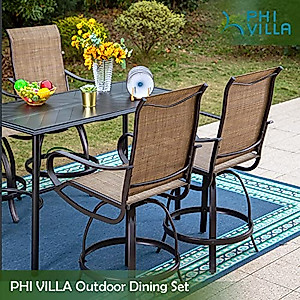 PHI VILLA Patio Swivel Bar Set of 5,Large Metal Table and Barstool with Breathable Fabric,Black Thickened Frame and 360 Degree Swivel Bar Height Chairs for Lawn,Garden