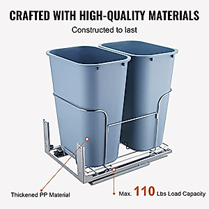 VEVOR Pull-Out Trash Can, 37Qt Double Bins, Under Mount Kitchen Waste Container with Soft-Close Slides, 44 lbs Load Capacity & Door-Mounted Brackets, Garbage Recycling Bin for Kitchen Cabinet, Grey