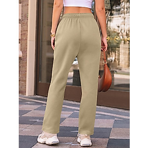 AUTOMET Women's Wide Leg Sweatpants Fleece Lined Baggy Straight Leg Lounge Pants Fall Outfits Athletic Joggers with Pockets Beige L