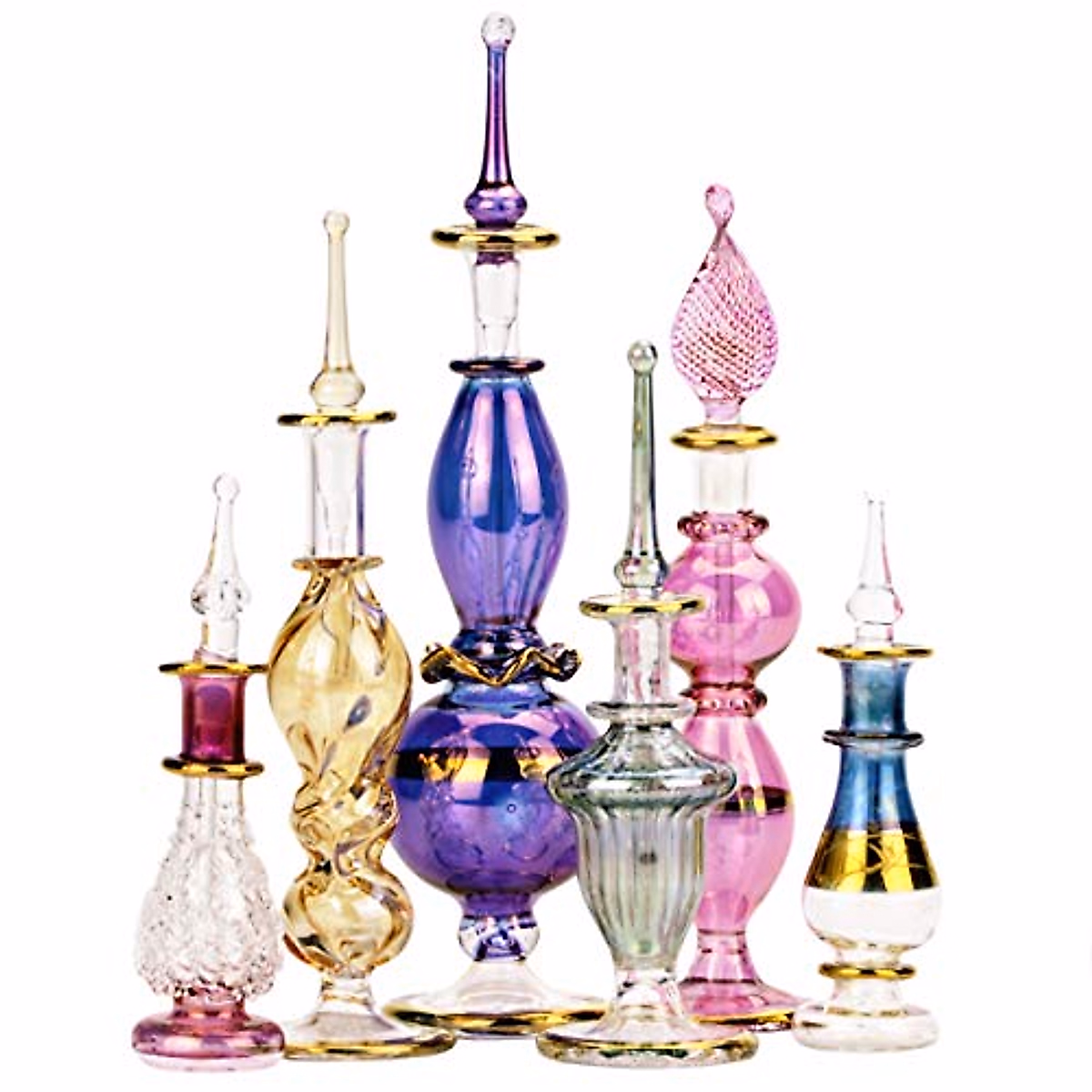NileCart Egyptian Perfume Bottles 2-5 in Collection Set of 6 Mouth-Blown Decorative Glass with Handmade Golden Egyptian Decoration for Perfumes & Essential Oils