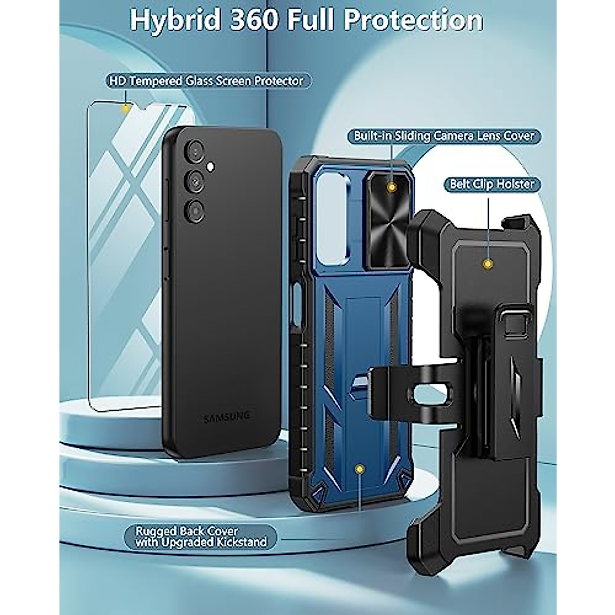 FNTCASE Case for Samsung Galaxy A14-5G: Protective Shockproof Rugged A14 Cell Phone Cover Cases with Belt Clip Holster Kickstand & Slide | Textured Tough Military Grade Drop Proof Protection - Blue