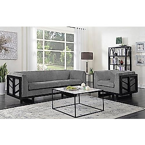 Iconic Home Arianna Sofa Linen-Textured Upholstery Espresso Finished Lattice Wood Frame, Modern Transitional, Grey