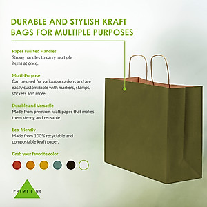 Green Gift Bags – 16x6x12 Inch 50 Pack Large Olive Green Kraft Shopping Bags with Handles, Euro Tote Retail Bags for Small Business & Boutique, Holiday Gifts, Wedding Guests, Birthday Parties, Bulk