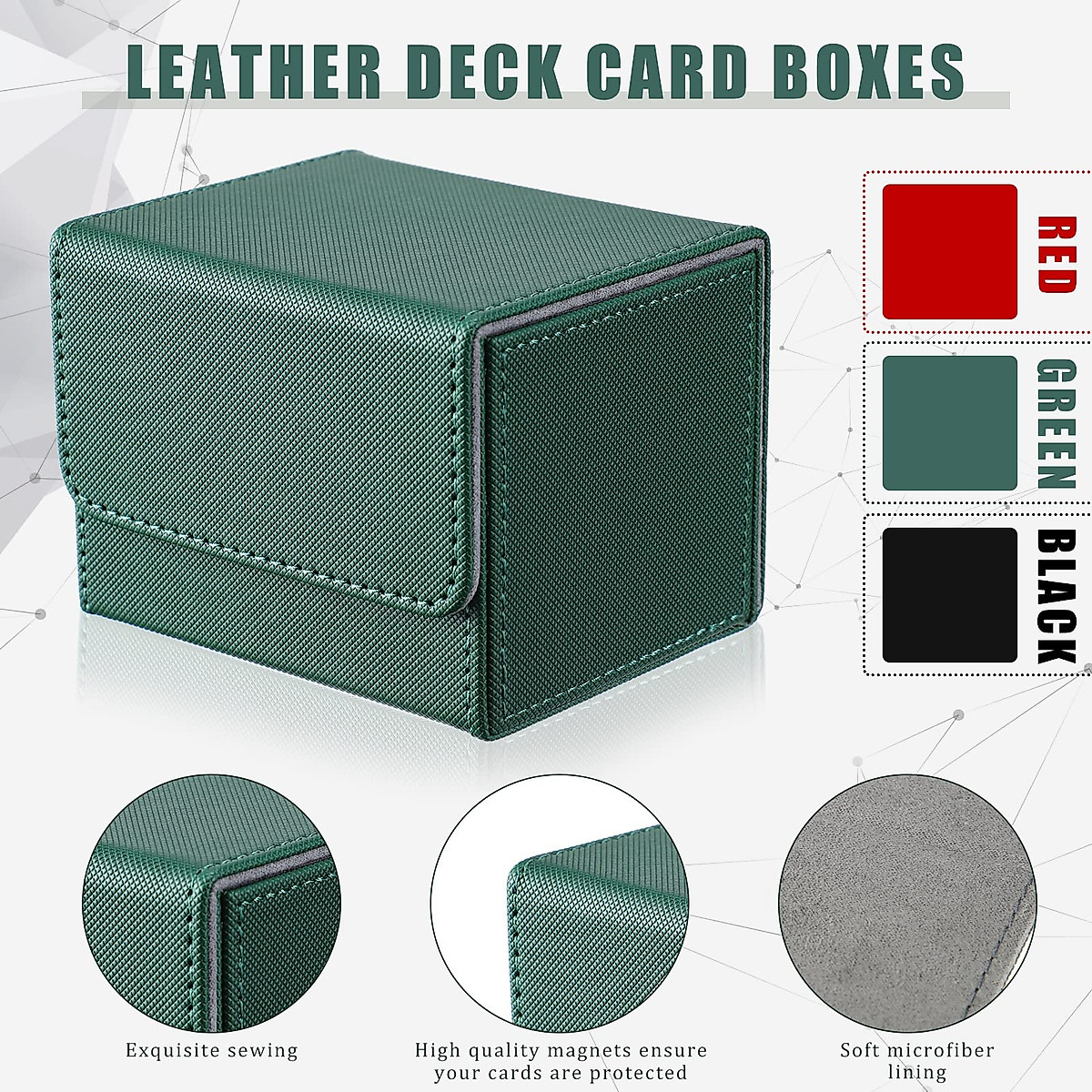 Weewooday 3 Pieces Leather Deck Card Boxes Cards Deck Game Box for 100 Plus Cards Compatible with MTG(Black Blue, Red, Green, Horizontal)