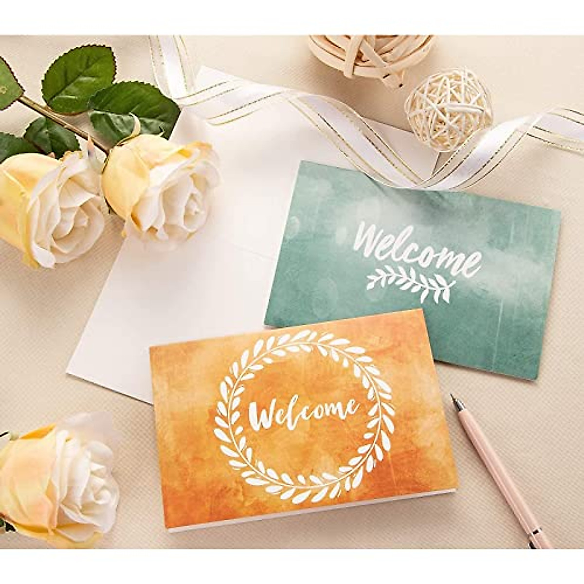 Juvale 48 Pack Bulk Welcome Note Cards with Envelopes for Guests, Employees, Business, Floral Design, Blank Interior (4x6 In)