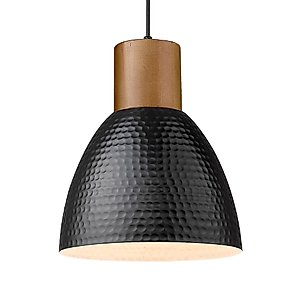 ELYONA Industrial Pendant Light, Hammered Hanging Lamp with Solid Wood & Metal Shade, Modern Pendant Light Fixtures for Kitchen Island, Bar, Farmhouse Dining Room, Bedroom, Living Room - Black