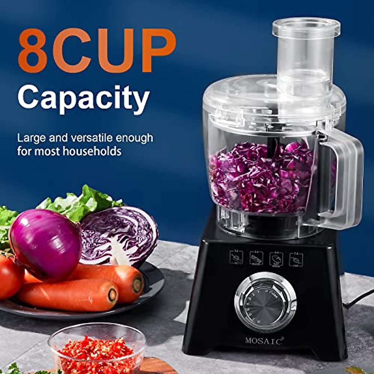 Electric Food Processor, MOSAIC 5 Function Electric Chopper for Chopping, Slicing, Puree, Kneading, Egg White, Vegetable Meat Chopper Slicer with Big Food Chute