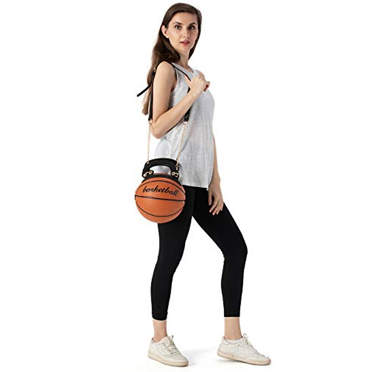 Women Basketball Shaped Purse Girls Round Handbag Fashion Cute Handle Bag Shoulder Cross Body PU Leather Messenger Bags Adjustable Strap (Brown)