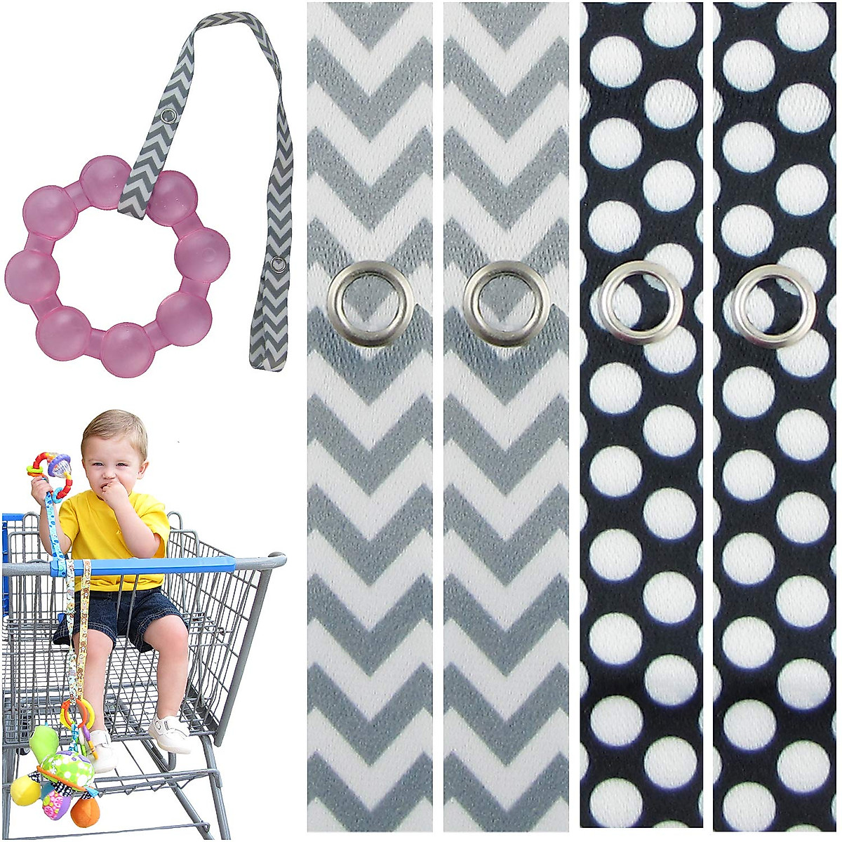 PBnJ baby Toy Saver Strap Holder Leash Secure Accessories Gray Chevron/White Dots - 4pc