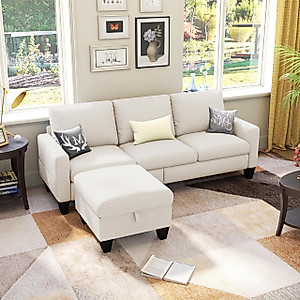 Lonkwa 78'' Convertible Sectional Sofa Couch, Beige 3 Seat L-Shaped Couch with Storage Ottoman, Modern Linen Fabric Couches for Living Room, Apartment, Office, Small Space