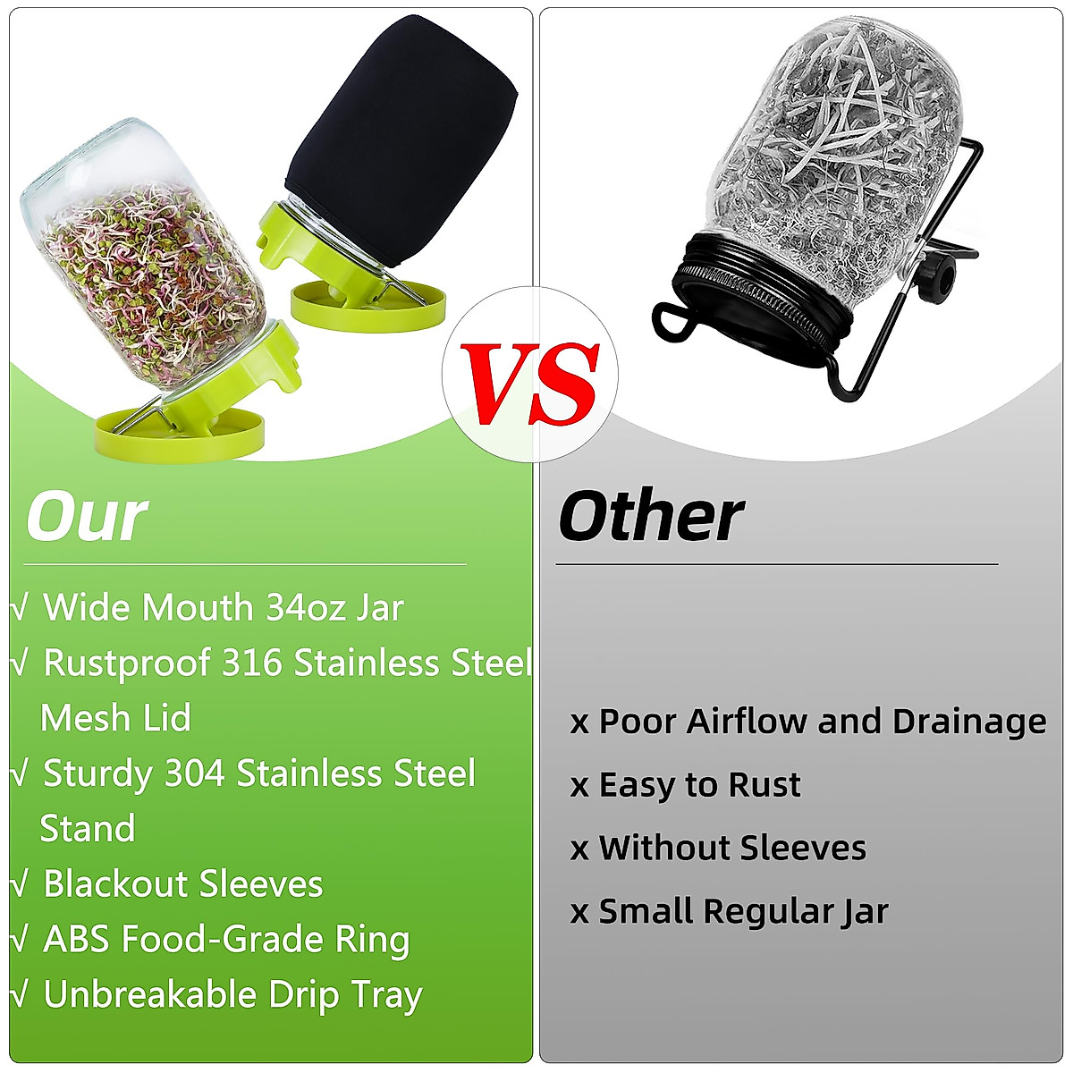 Sozize Sprouting Kit Sprouts Growing Kit 34oz Wide Mouth Seed Sprouting Jar Germination Kit 304 Stainless Screen Lid and Stand Blackout Sleeve Tray for Growing Bean Alfalfa Sprout Seeds