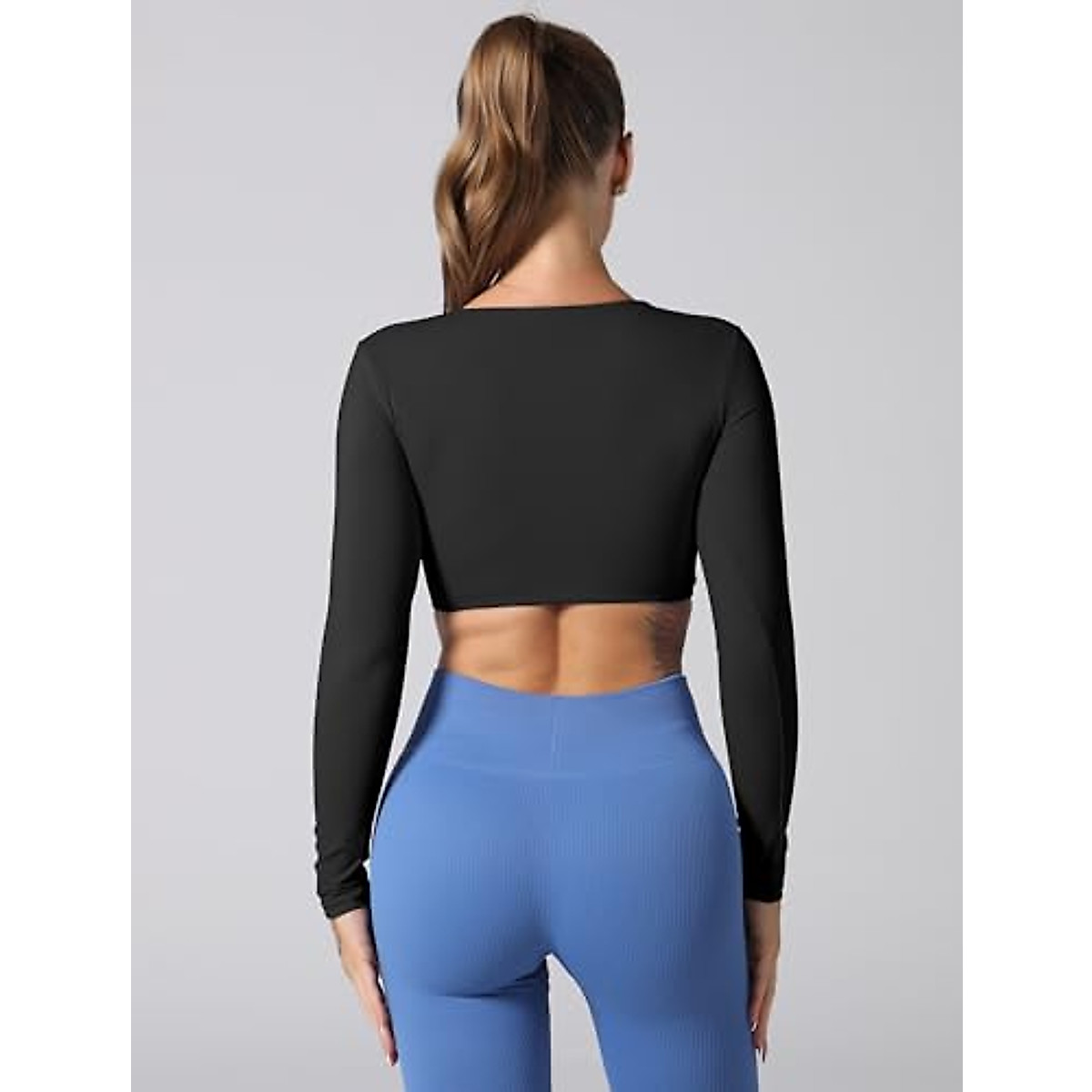 ABOCIW Workout Tops for Women Long Sleeve Sexy Twist Front Deep V Neck Athletic Athletic Crop Tops Padded Bra Basic Workout Shirts Fitness Yoga Gym Cropped Tank Tops Black Medium