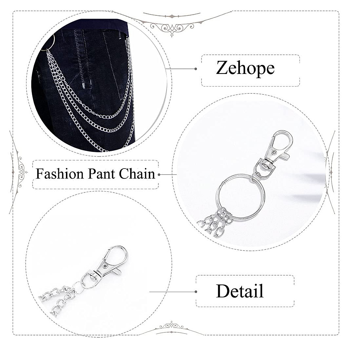 Zehope Layered Pant Chains Goth Chains Trousers Wallet Chain Jewelry for Men and Women(Silver)