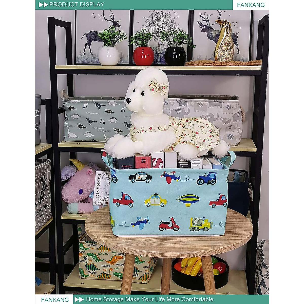 FANKANG Storage Basket,Nursery Hamper Canvas Laundry Basket Foldable with Waterproof PE Coating Storage, Office, Bedroom, Clothes,Toys (Rec-Car)