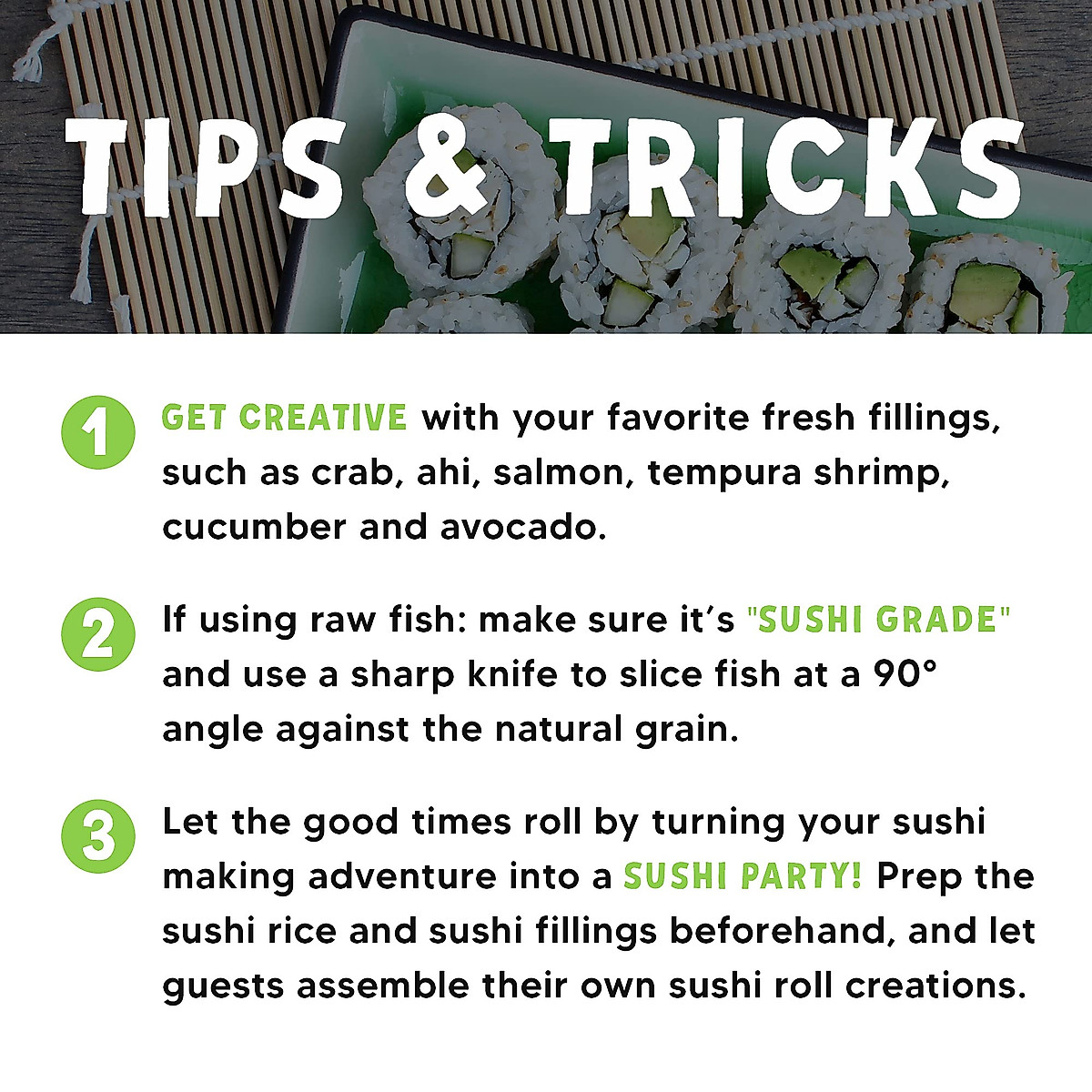 Global Grub DIY Sushi Making Kit - Sushi Kit Includes Sushi Rice, Nori Sushi Seaweed, Rice Vinegar Powder, Sesame Seeds, Wasabi Powder, Bamboo Sushi Rolling Mat, Instructions, Makes 48 Pieces