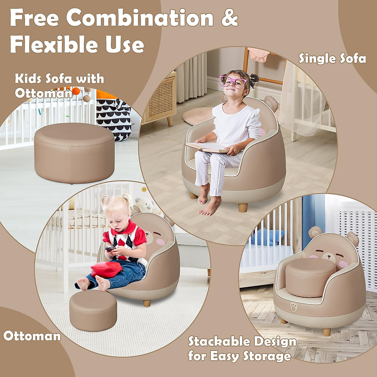 Kinpaw Kids Sofa Chair w/Ottoman, Children Leather Chair, Cartoon Themed Child Upholstered Armchair, Toddler Lounge Sofa Recliner for Nursery School Game Room Kindergarten, Bear