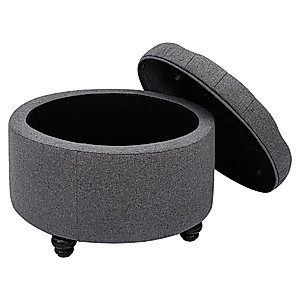 CangLong Large Button Tufted Fabric Round Storage Ottoman with Storage for Living Room & Bedroom,Dark Grey