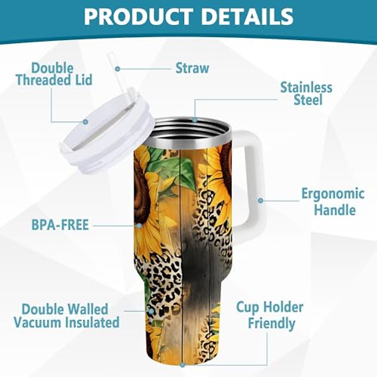 ODAWA 40 Oz Sunflowers Water Tumbler with Handle and Straw, Stainless Steel Insulated Tumblers