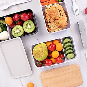 Lunch Box Bento Box for Adult, Bento Box with 2 Dividers and a Spoon and Knife and Fork, Leakproof Lunch Container, Upgraded Plastic Bamboo Pattern Cover and Black Appearance