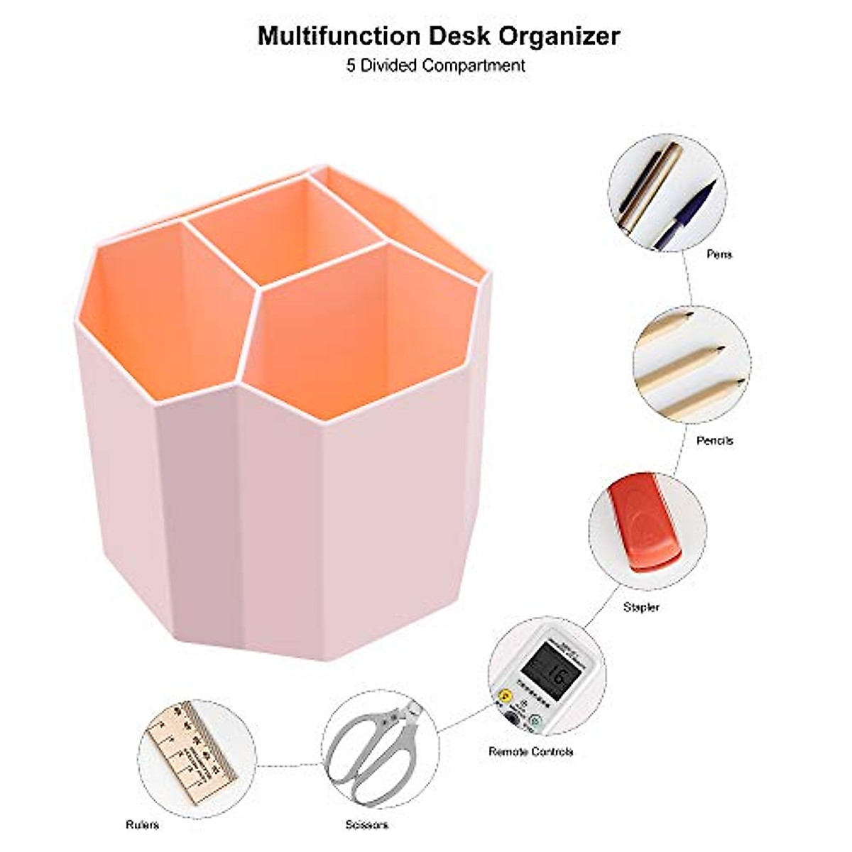 Siveit Pen Holder, 360° Rotating 5 Grid Pen Holder Stand Office Supplies Storage Organize for Desk Cute Pencil Cup Pot for Home, Office, Kids (Peach Pink)