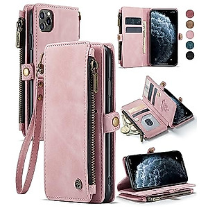 Defencase iPhone 11 Pro Wallet Case - Durable Leather, Magnetic Flip, Lanyard Strap, Zipper Card Holder, 5.8" - Rose Pink