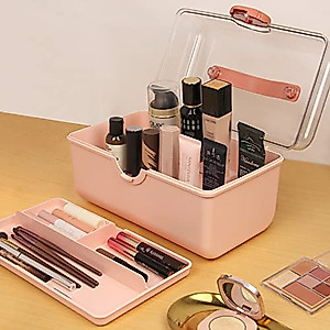 OSteed Craft Storage Organizer, Plastic Sewing Box Portable with Handle, Knob & Grid Tray for Art & Sewing Supply, Cosmetic and Medicine, Pink