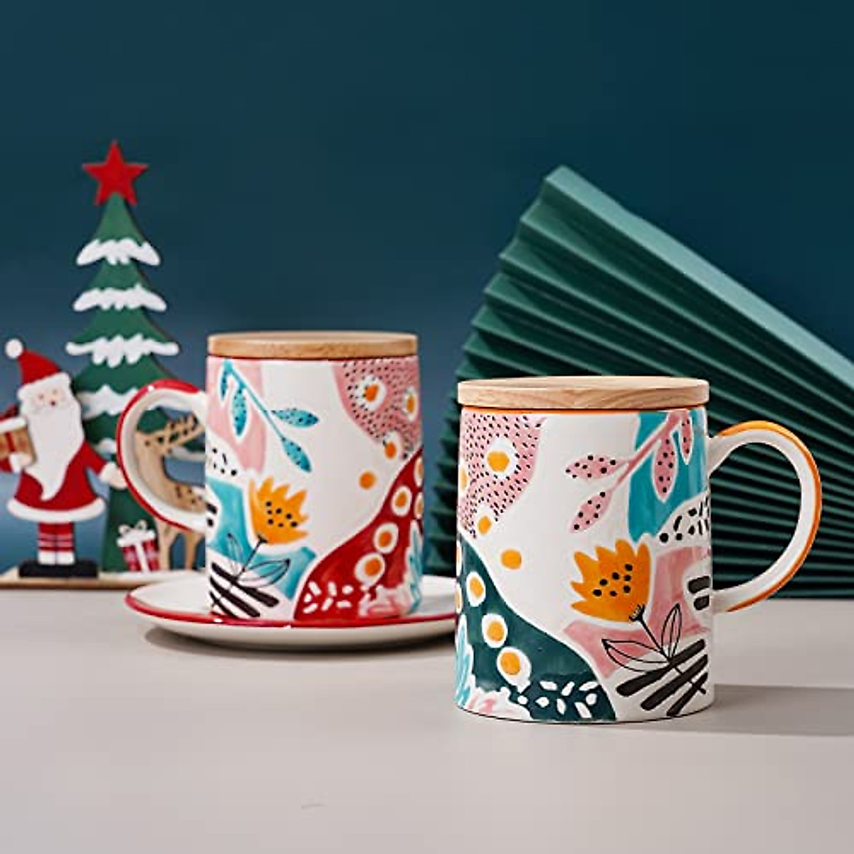 Taimei Teatime Ceramic Coffee Mug with Lid, Mug Set of 2, 17.6oz Coffee Mug with Handle, Large Mug for Coffee Latte, Tea, Handpainted Floral Mugs for Women, Dishwasher Safe and Microwaveable