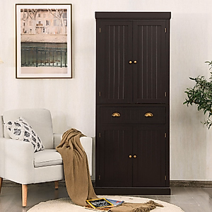 Huippy 72 inch Double Door Cupboard Freestanding Kitchen Pantry Cabinet with Four Adjustable Shelves and One Large Drawer for Kitchen Living Room Bedroom Hallway Home Office Storage (Espresso)