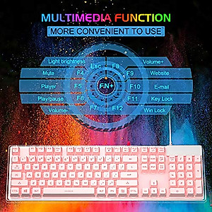 Gaming Keyboard and Mouse Combo, K1 7 Colors LED Backlit with 104 Keys Computer Keyboard for PC/Laptop (White & Pink)