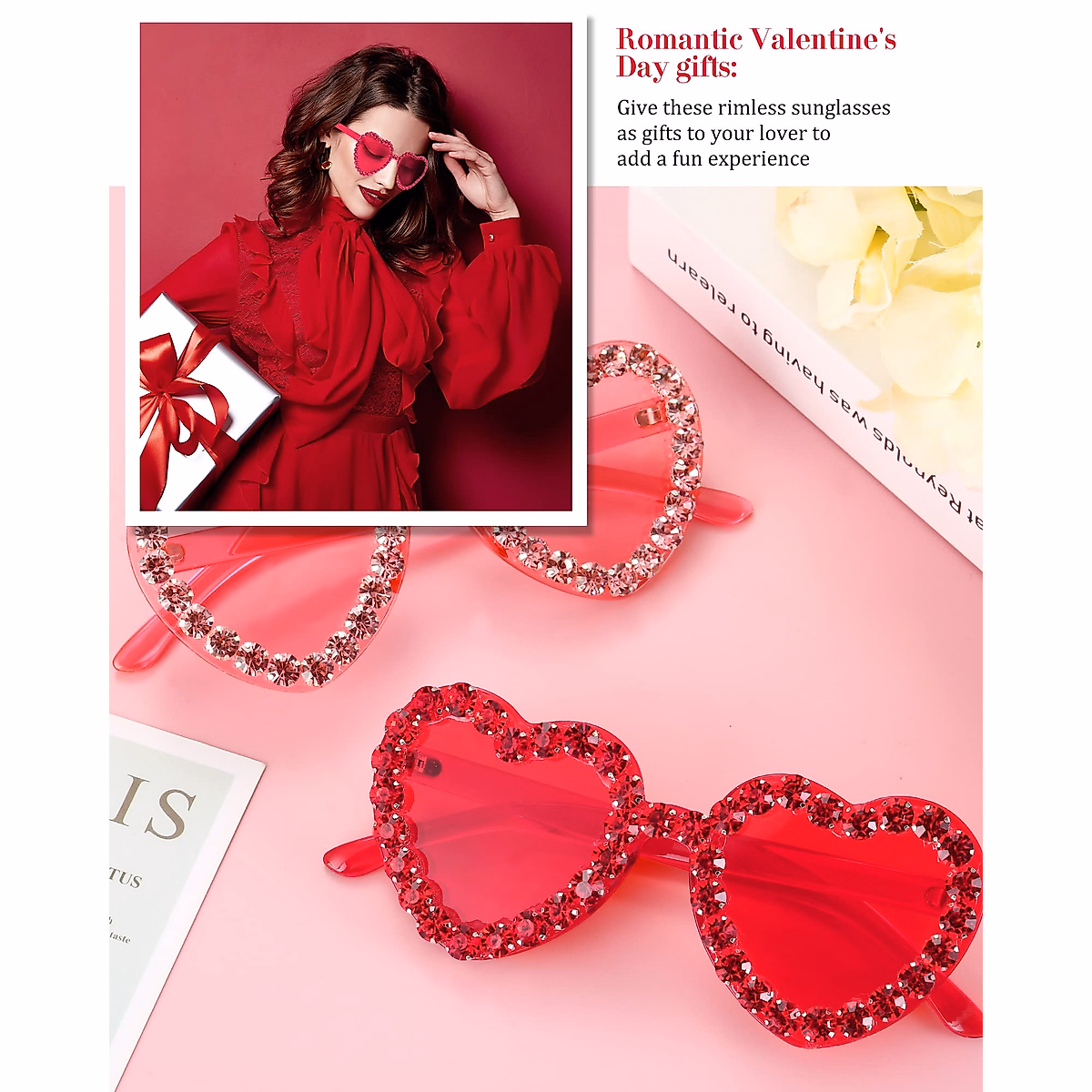 TOODOO 2 Pairs Rhinestone Heart Sunglasses Red Heart Shape Rimless Sunglasses for Women Transparent Heart Glasses (Pink, Rose Red)