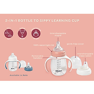 BEABA 2-in-1 Baby Bottle to Transition Sippy Cup, No Spill Sippy Cup, Includes Removable Handles, Silicone Baby Bottle Nipple and Soft Spout, 7 oz (Rose)