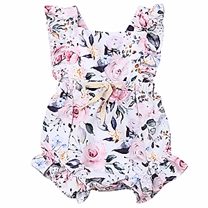 Kuriozud Newborn Infant Baby Girl Floral Ruffle Bowknot Romper Bodysuit One-Piece Jumpsuit Summer Outfits Clothes (12-18 Months, Floral)