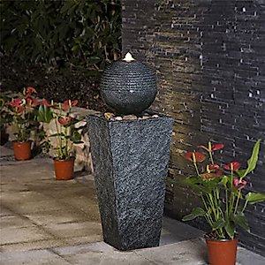 Glitzhome Patio Fountain Waterfall with LED Light Decorative Outdoor Fountain Pedestal Water Fountain with Submersible Pump Vintage Garden Waterfall Decor for Garden Patio Deck Porch, 31.69”H