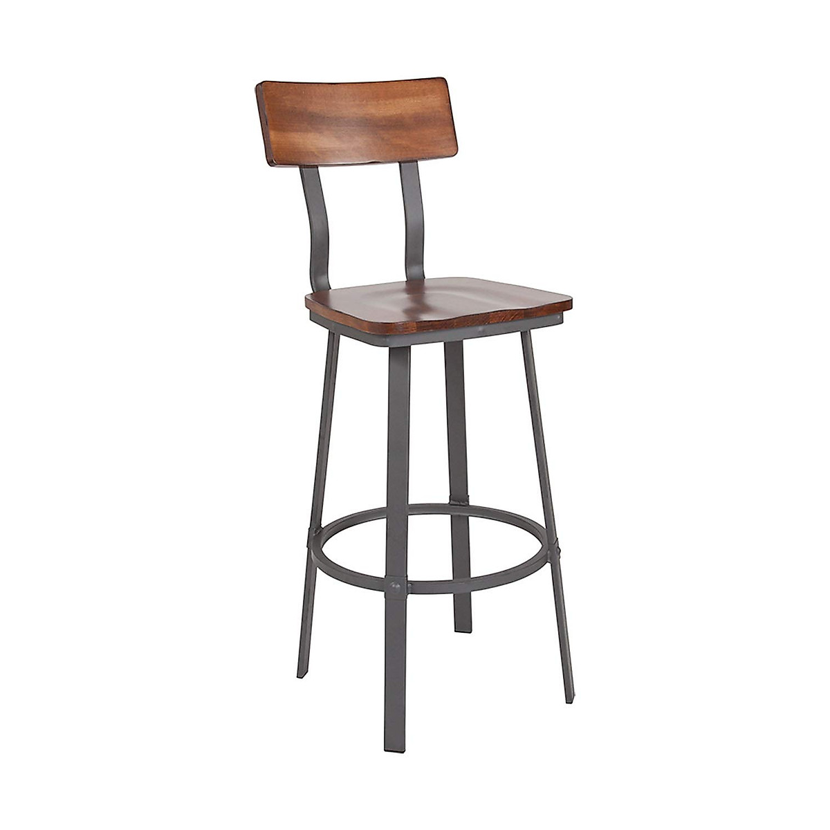 Flash Furniture Flint Series Rustic Walnut Restaurant Barstool with Wood Seat & Back and Gray Powder Coat Frame