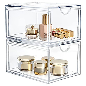 AMEITECH Stackable Cosmetic Organizer Drawers, Acrylic Clear Makeup Organizer, Vanity Container Drawer for Cosmetics, Skin Care, Hair Accessories, Bathroom Counter or Dresser - Set of 2